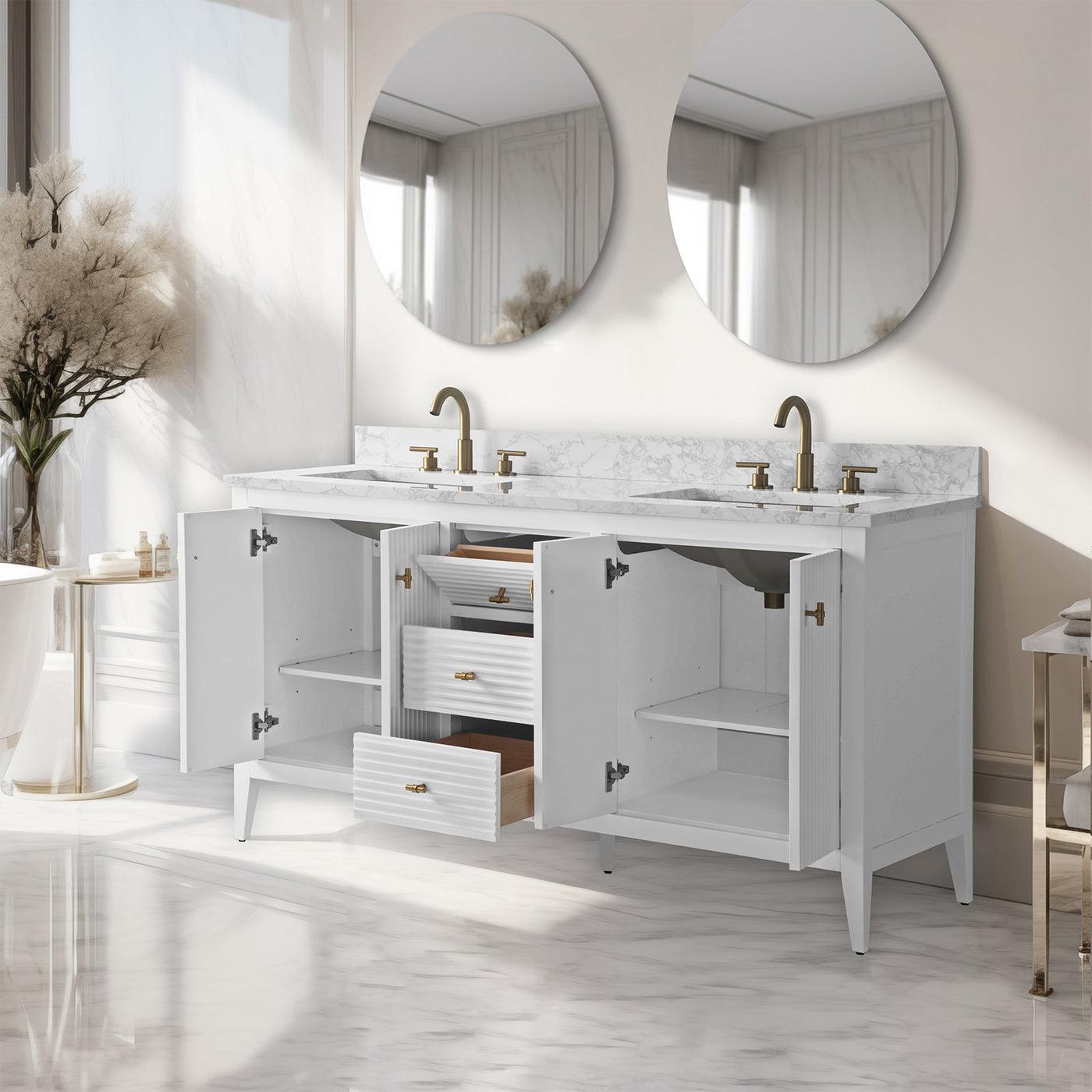 60" Double Sink Freestanding Bathroom Vanity with Engineered Marble To ...