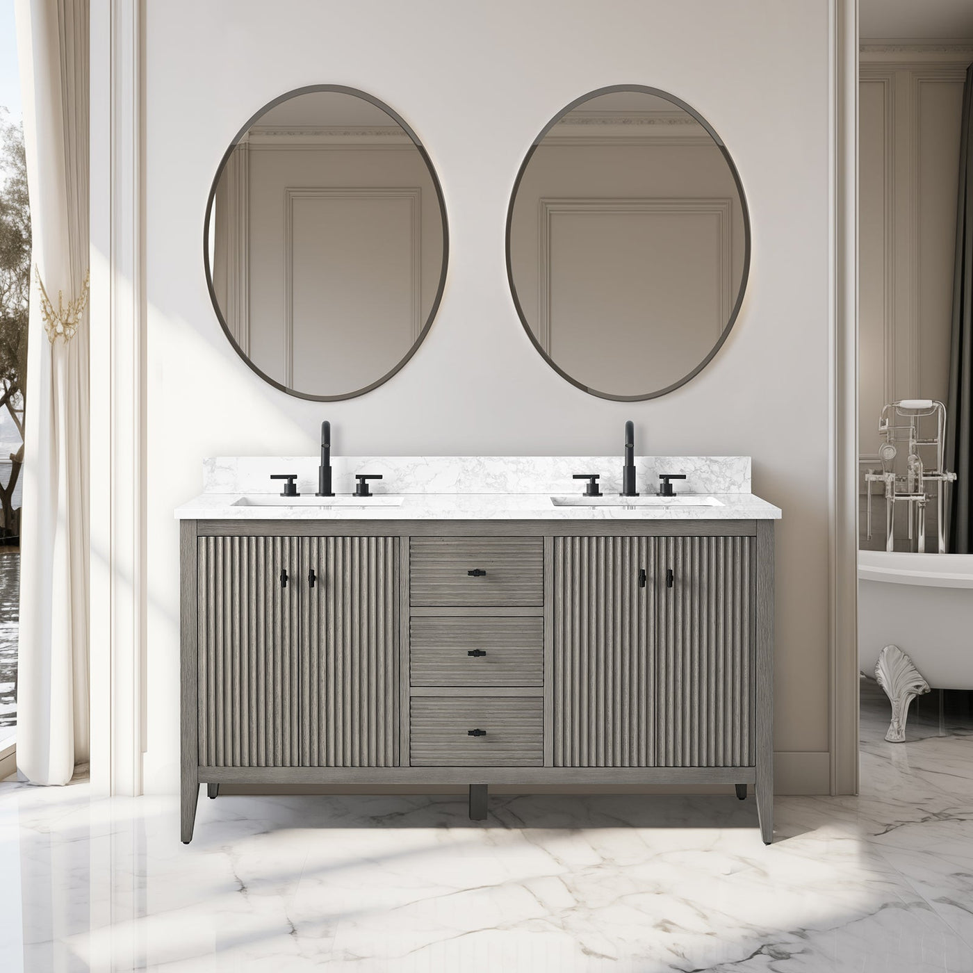 60" Double Sink Freestanding Bathroom Vanity with Engineered Marble To ...
