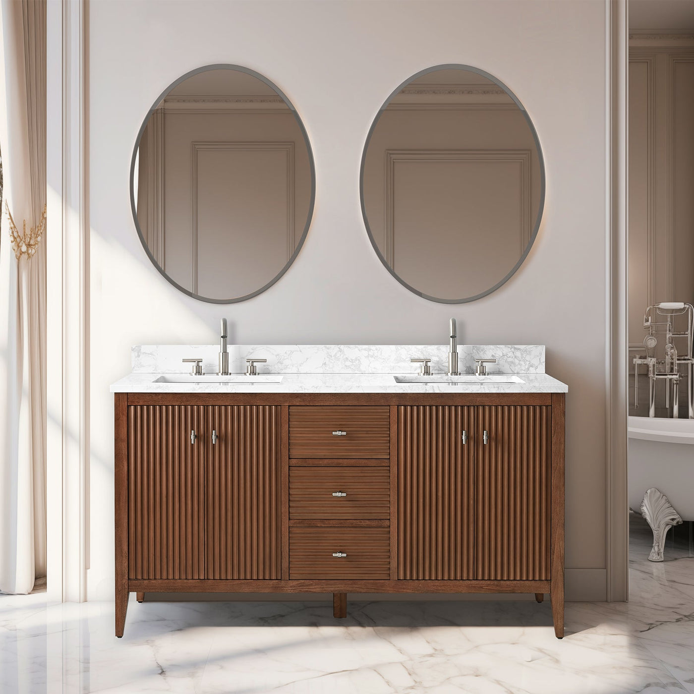 60" Double Sink Freestanding Bathroom Vanity with Engineered Marble To ...