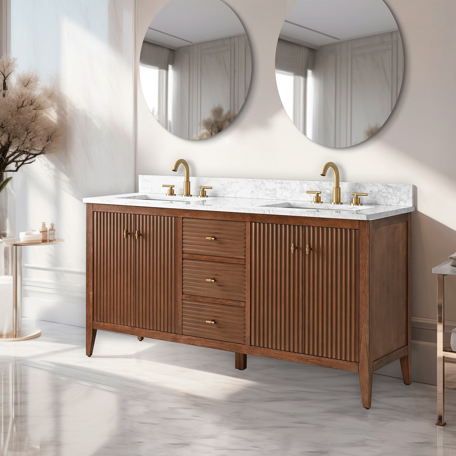 60" Double Sink Freestanding Bathroom Vanity with Engineered Marble To ...