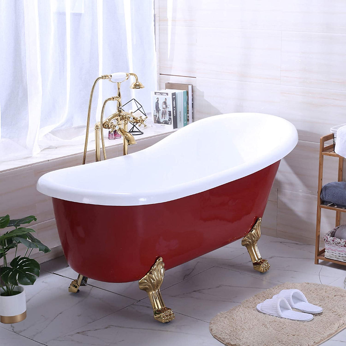 70" x 32" Freestanding Red Acrylic Bathtub, Modern Stand Alone Soaking ...